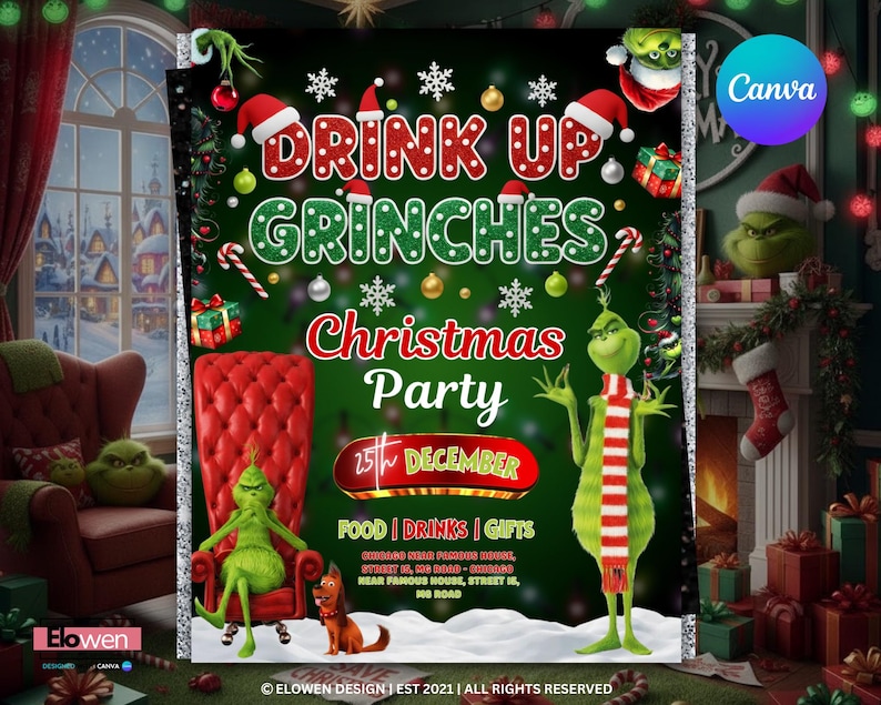 Grinch Christmas Party Invitation, Editable Canva Template - Etsy