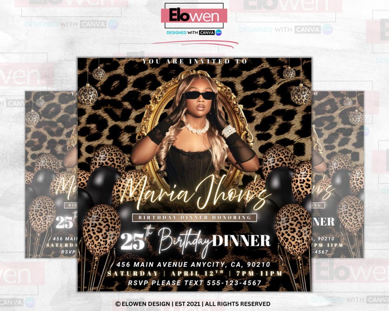 Leopard Print Birthday Flyer, Gold Dinner Invitation, Editable Social Media Evite, DIY Photo ...