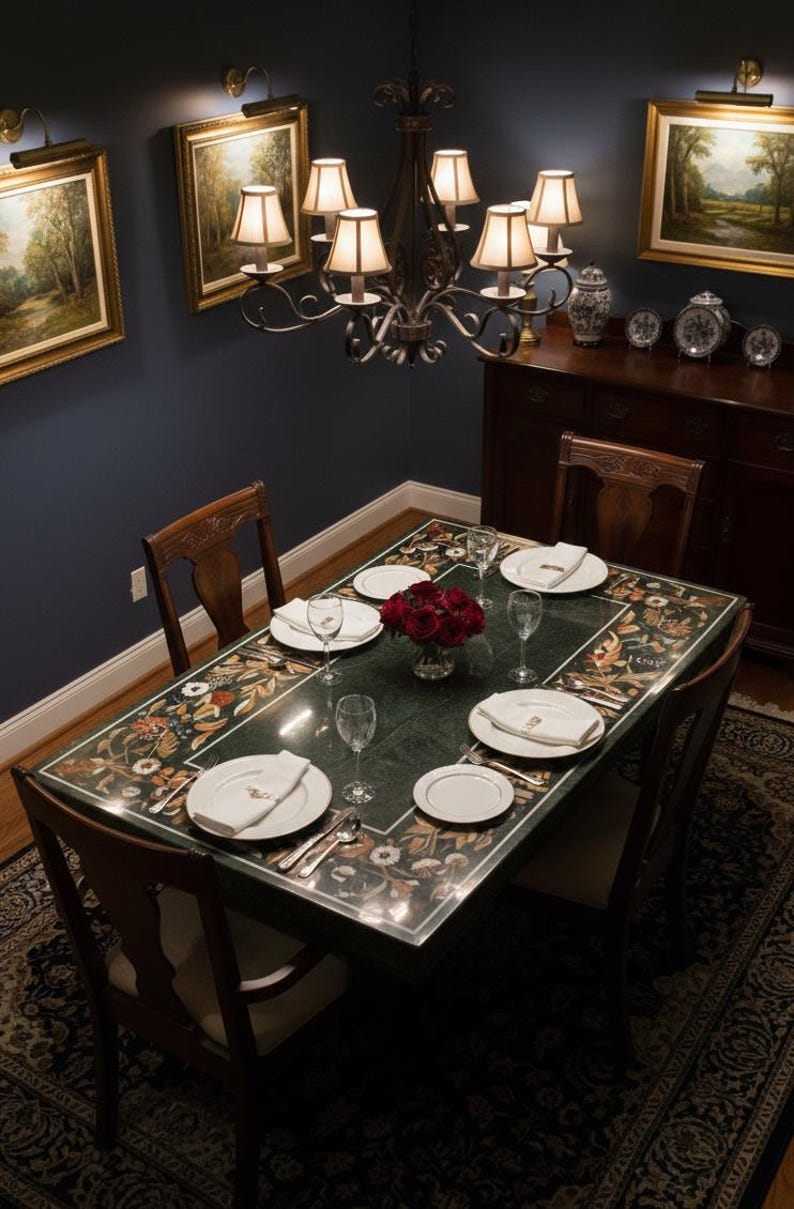 Luxury Green Marble Inlay Dining Table | Handcrafted Stone Art Tabletop ...