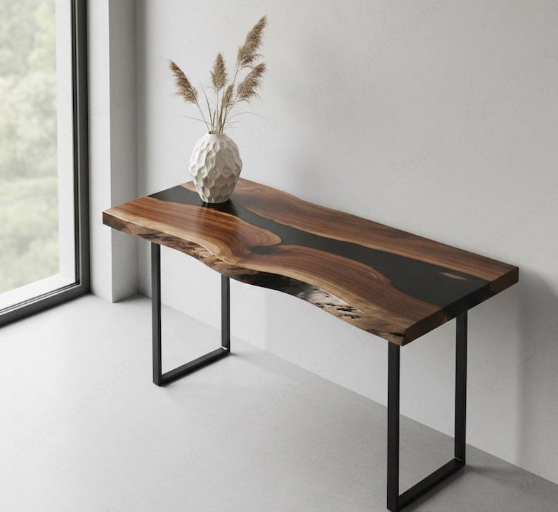 Live Edge Wood Console Table With Black Epoxy River, Handmade Modern ...
