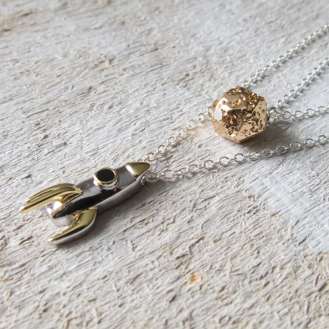 Rocket Ship and Asteroid Necklace, Layered Gold and Silver Gift ...
