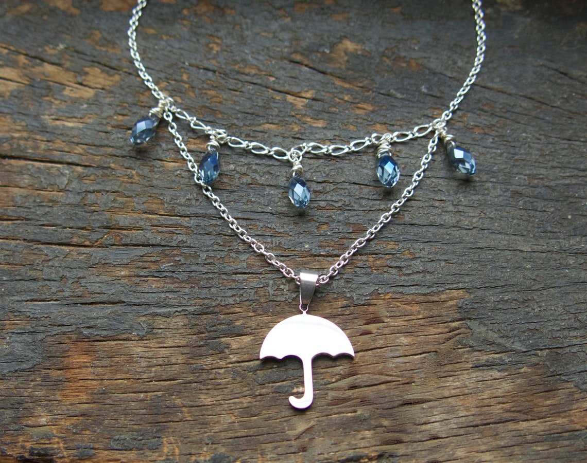 Umbrella Necklace With Crystal Rain Drops, Statement Jewelry, Stainless ...