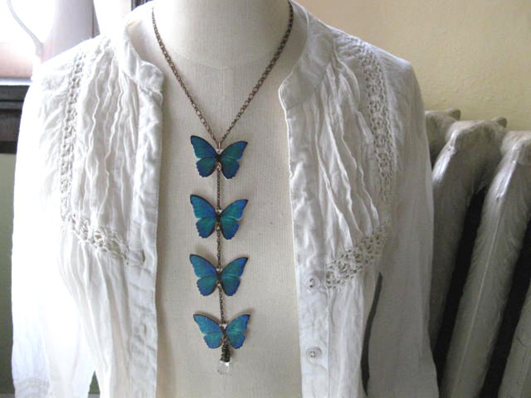 Long Pendant Necklace Insect Jewelry Teal Blue Butterfly Butterflies ...