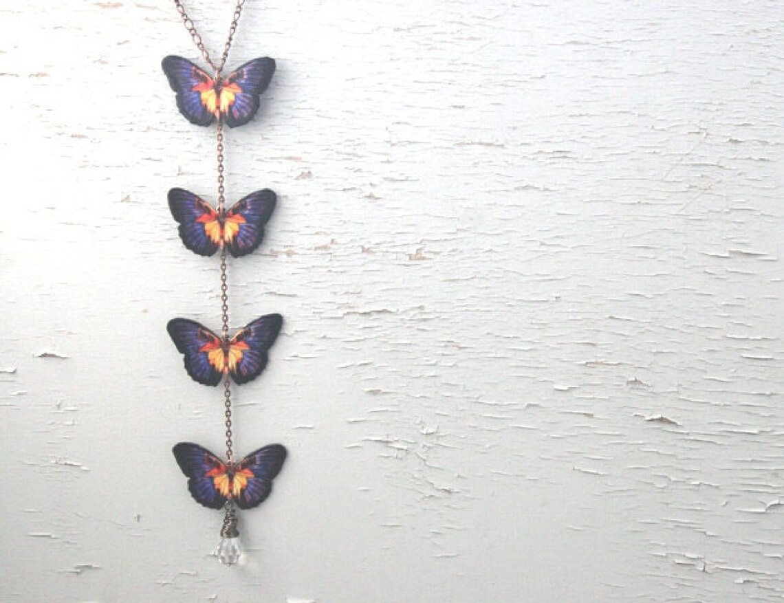 Butterfly Necklace Long Copper Chain: Purple Yellow Insect Jewelry ...