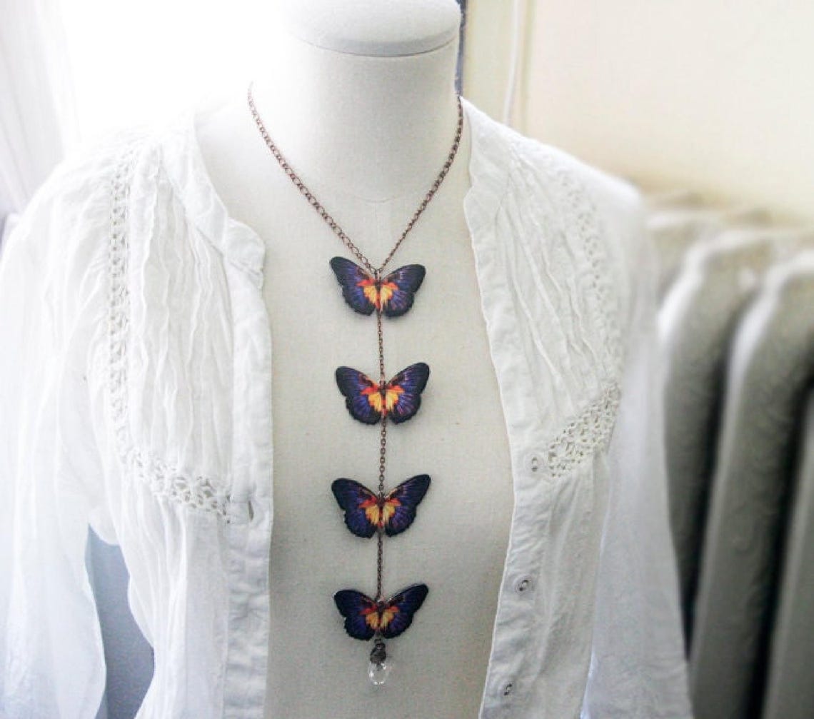 Butterfly Necklace Long Copper Chain: Purple Yellow Insect Jewelry ...