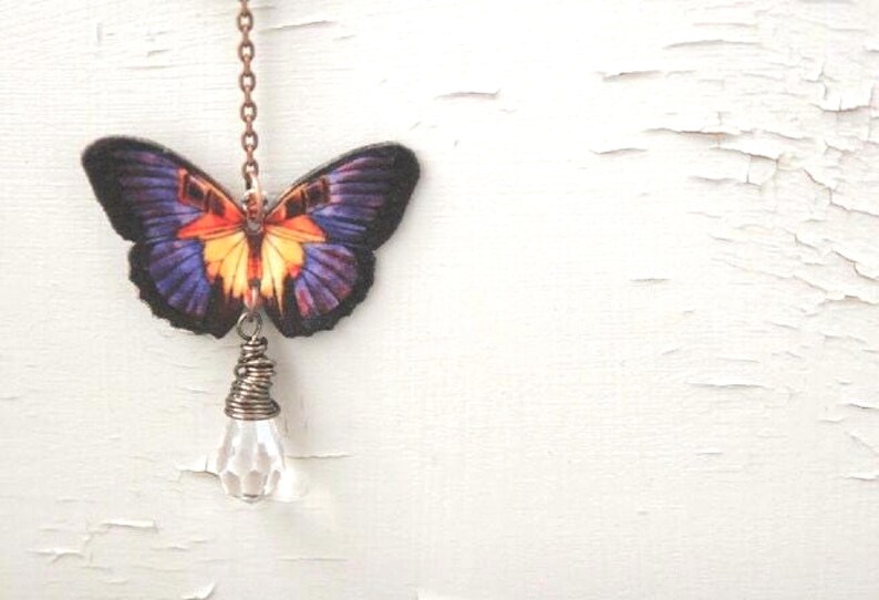 Butterfly Necklace Long Copper Chain: Purple Yellow Insect Jewelry ...