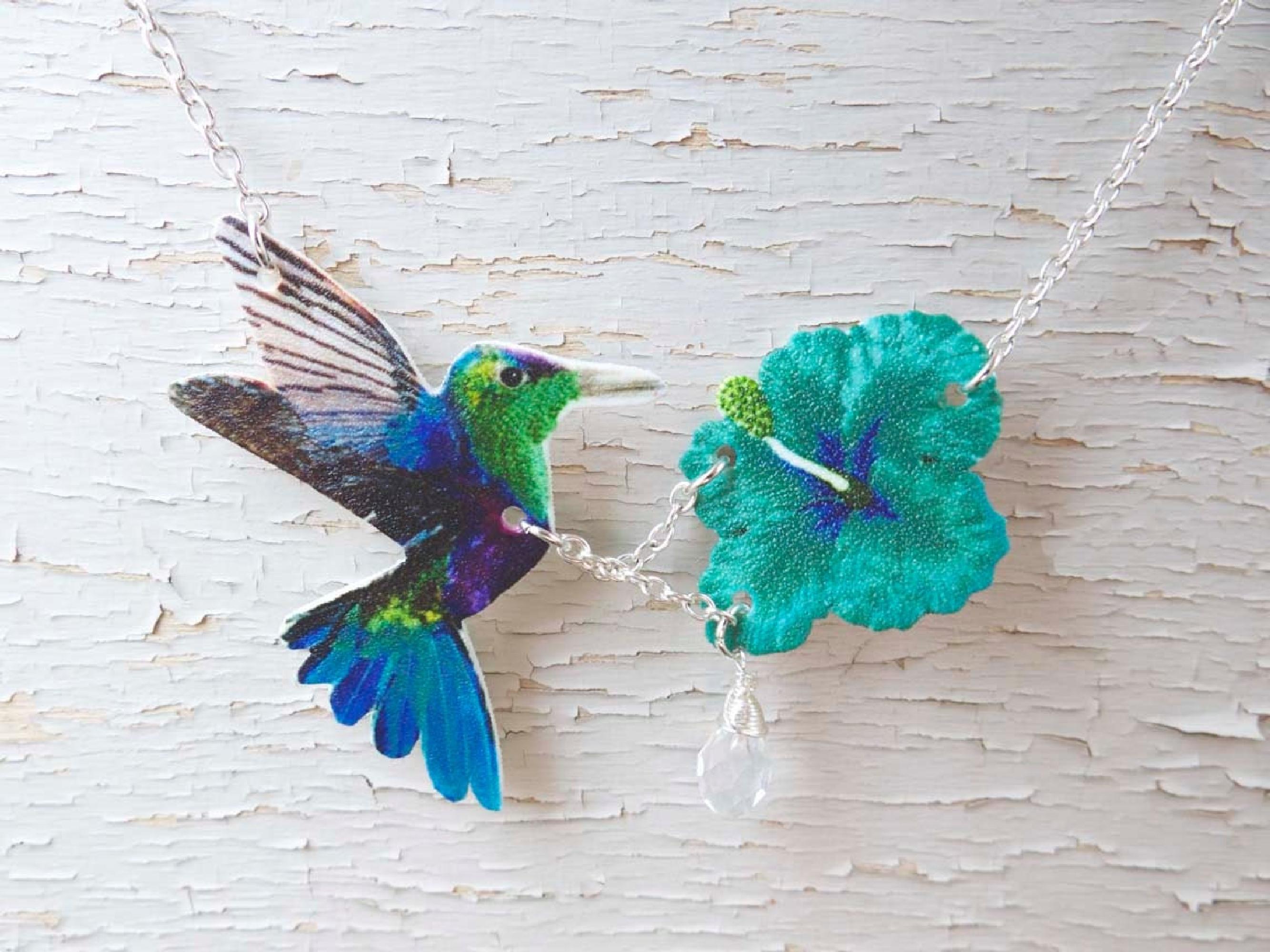 The Hummingbird and the Blue Hibiscus Flower Necklace, Crystal Water ...