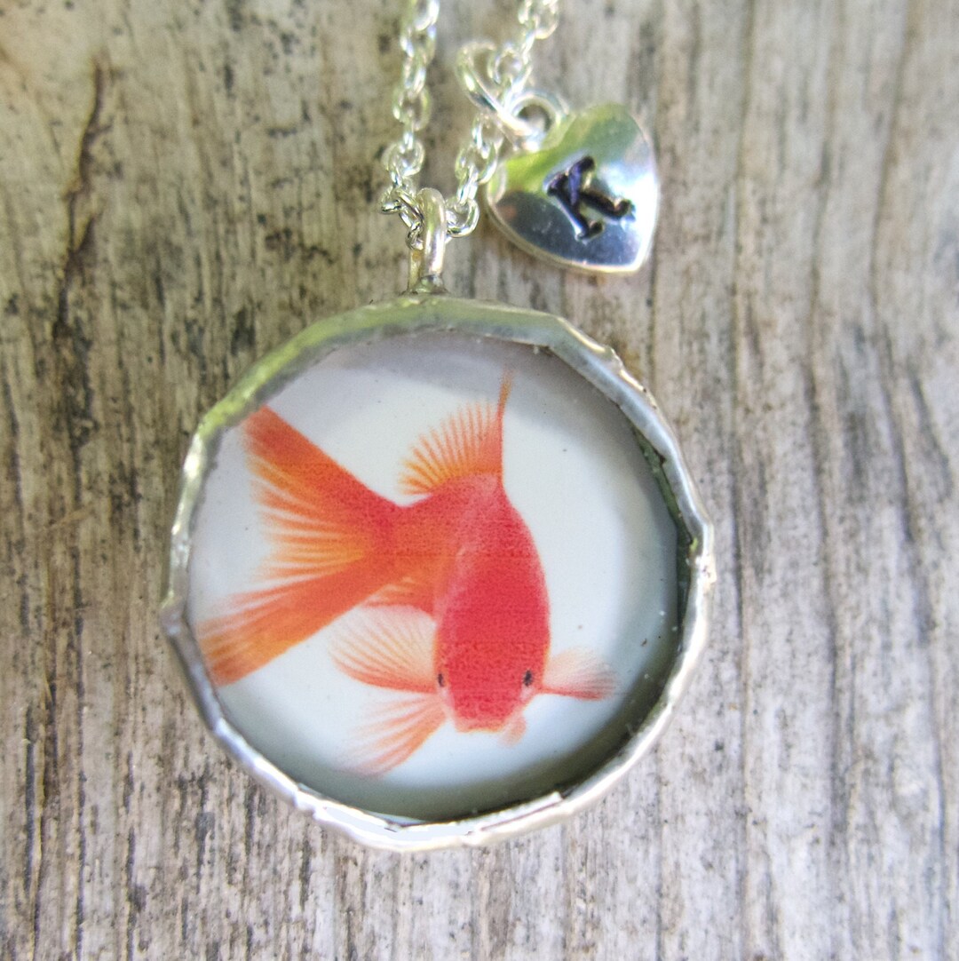 Goldfish Necklace for Her, Personalized Gift With Initial Heart, Glass ...