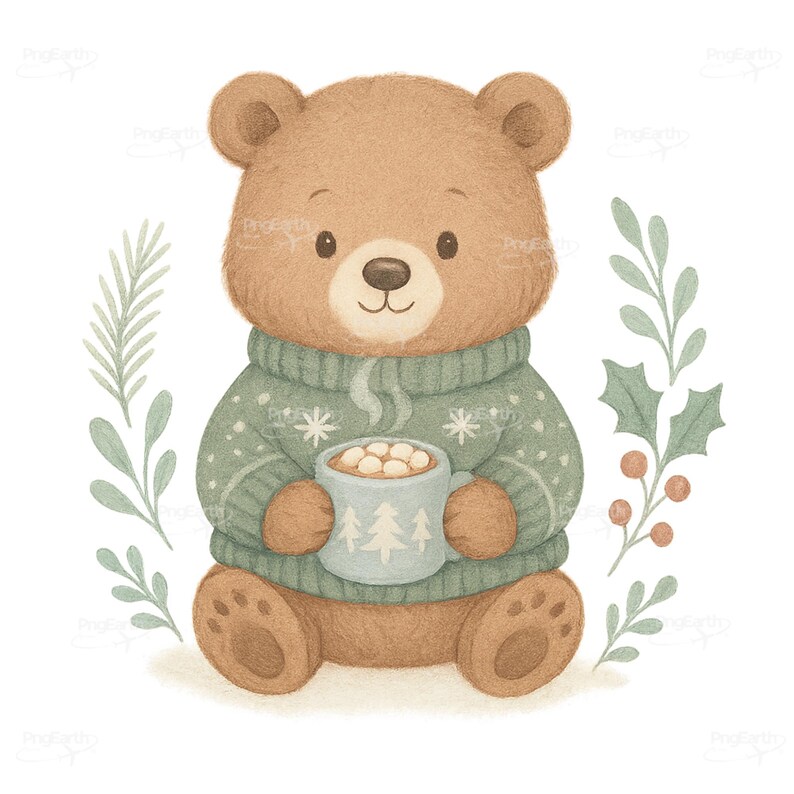 Christmas Bear PNG | Watercolor Woodland Animal With Cocoa | Winter ...