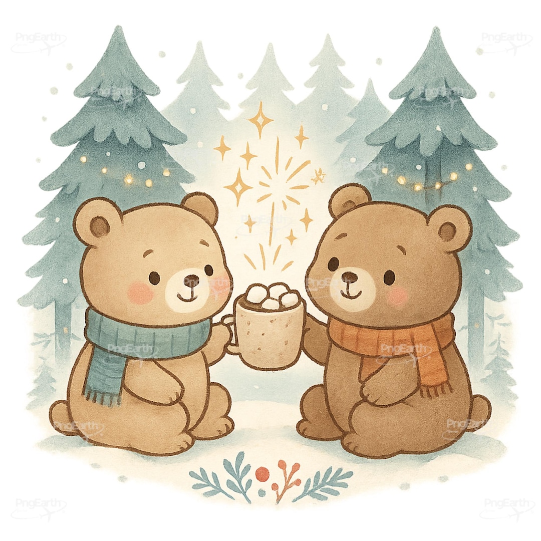 Baby Bears Toasting Hot Cocoa Clipart | Watercolor Christmas PNG ...