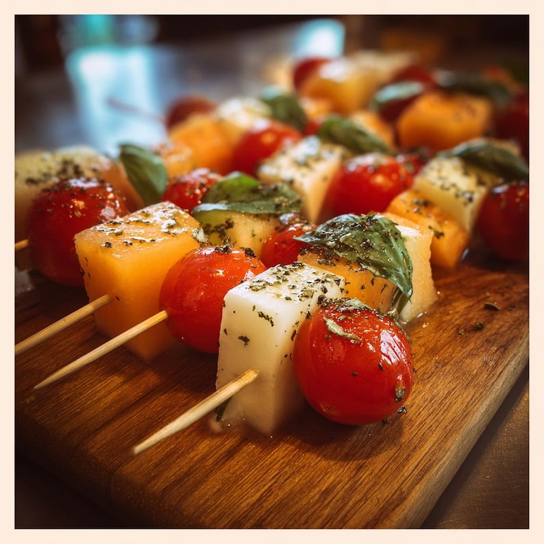 Melon, Tomato and Mozzarella Skewers Recipe — Printable Recipe Card ...