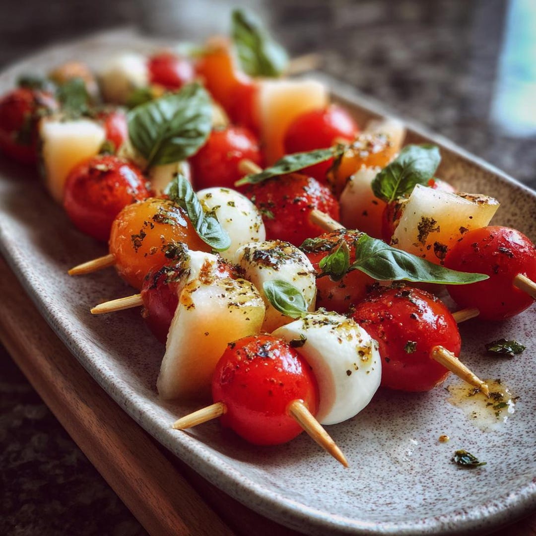 Melon, Tomato and Mozzarella Skewers Recipe — Printable Recipe Card ...