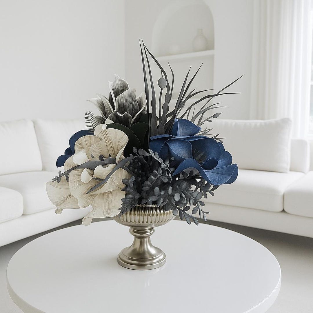 Handmade Blue & White EVA Flower Arrangement in Silver-plated Fluted ...