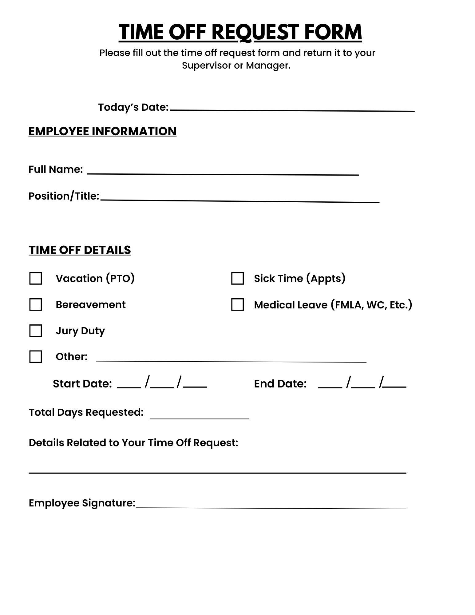 Simple Time off Request Form - Printable PDF - Etsy