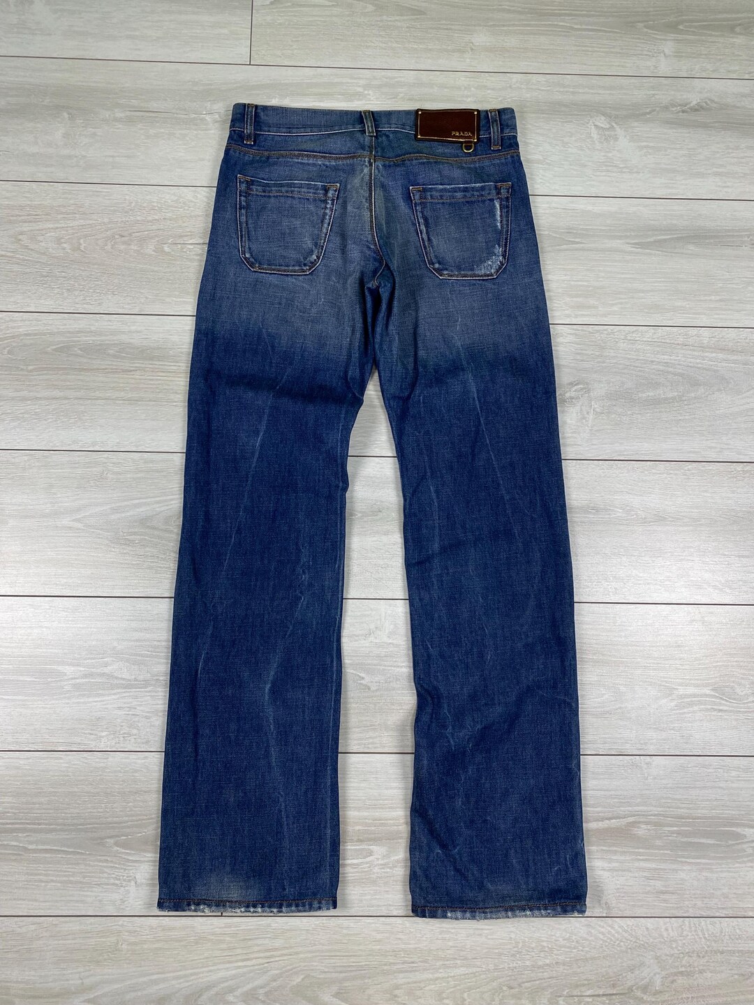 Vintage Prada Patch Logo Classic Fit Distressed Washed Denim Jeans Size ...