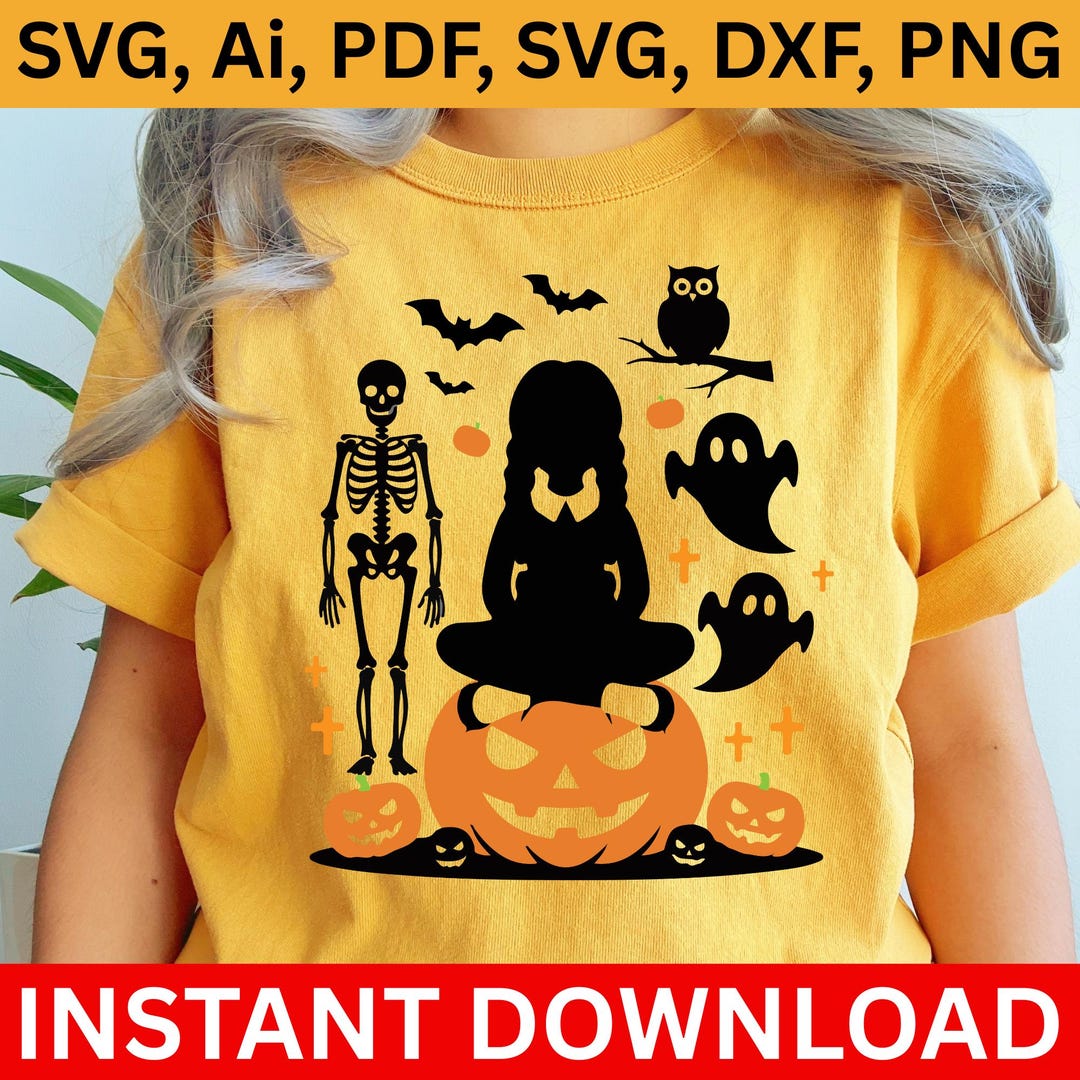 Wednesday Addams Halloween Clipart SVG Bundle, Spooky Pumpkin, Skeleton ...
