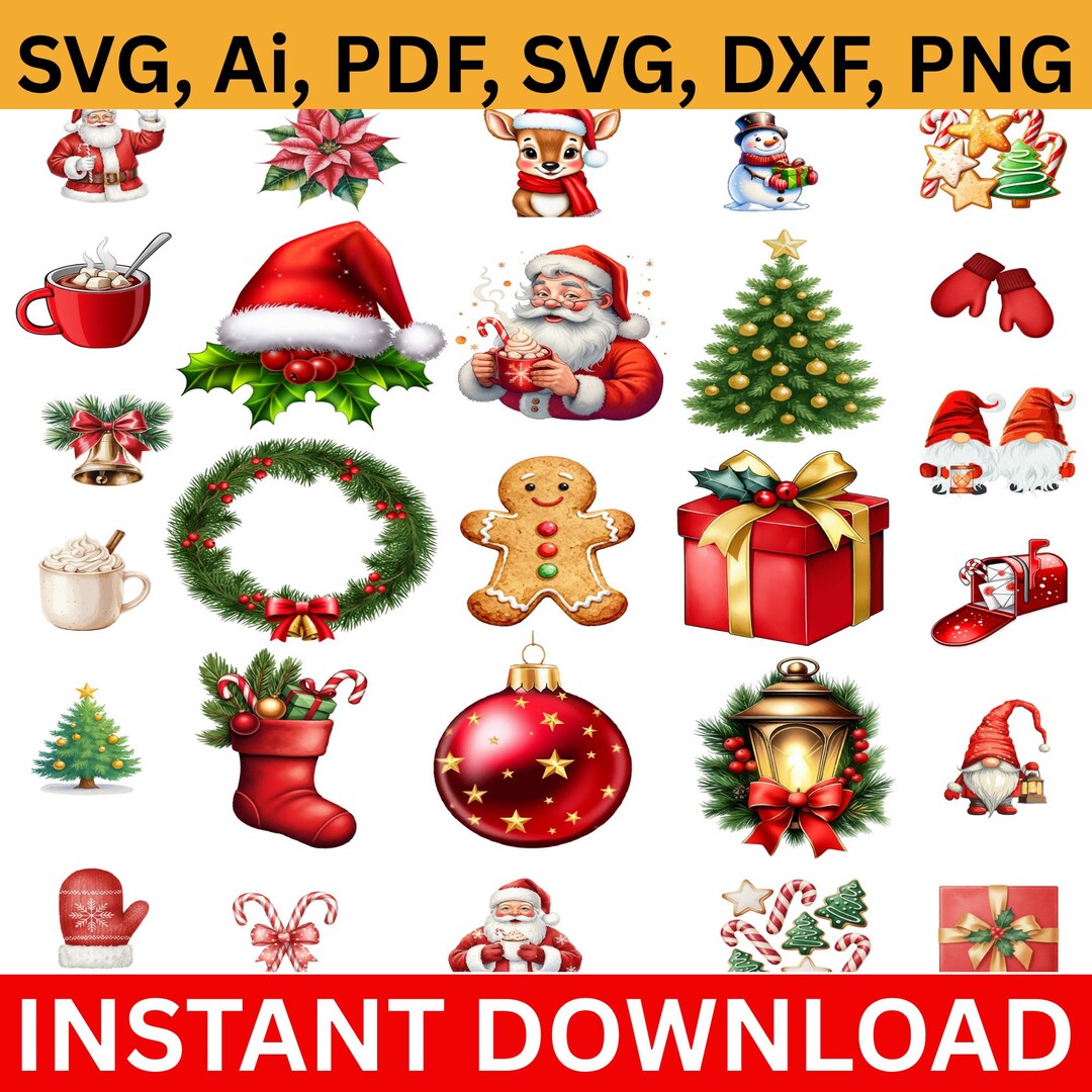 Christmas Clipart PNG Bundle, Festive Holiday Graphics (digital ...