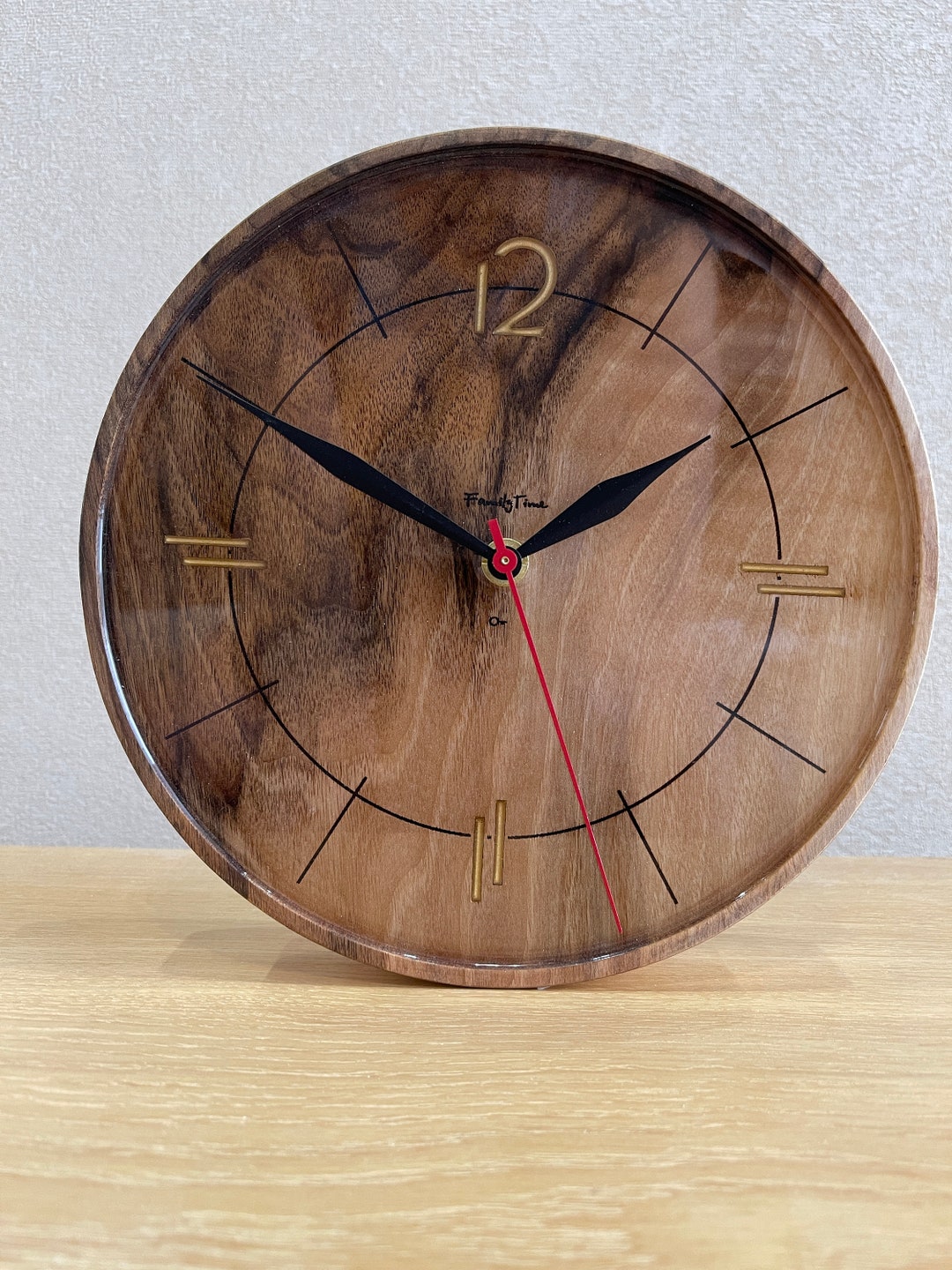 Round Wooden Wall Clock, Walnut Wood Clock on Wall, Housewarming Gift ...