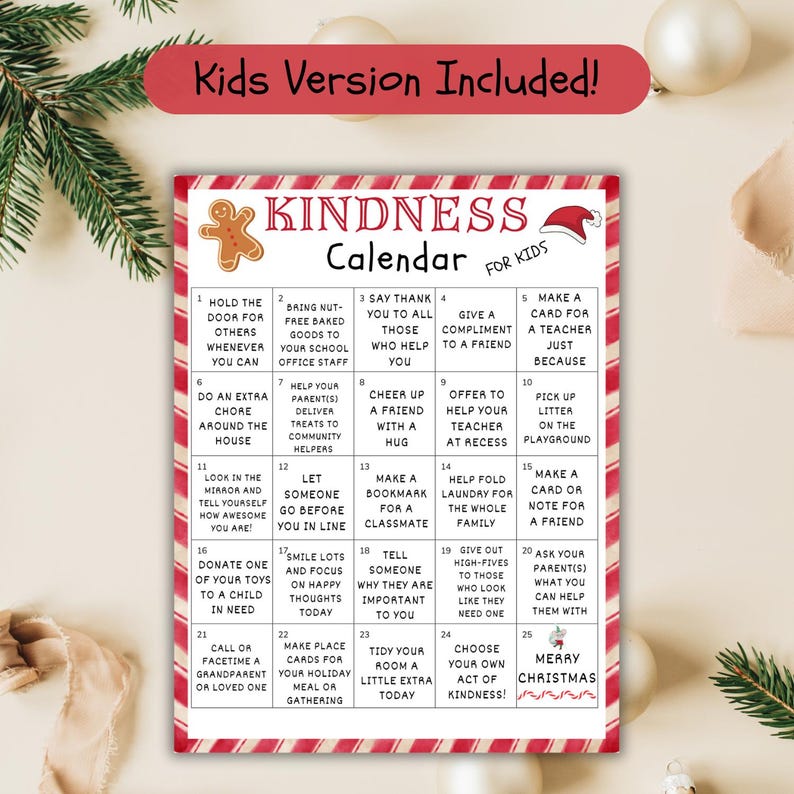 Printable Christmas Advent Calendar, 25 Days of Kindness Calendar, Acts ...