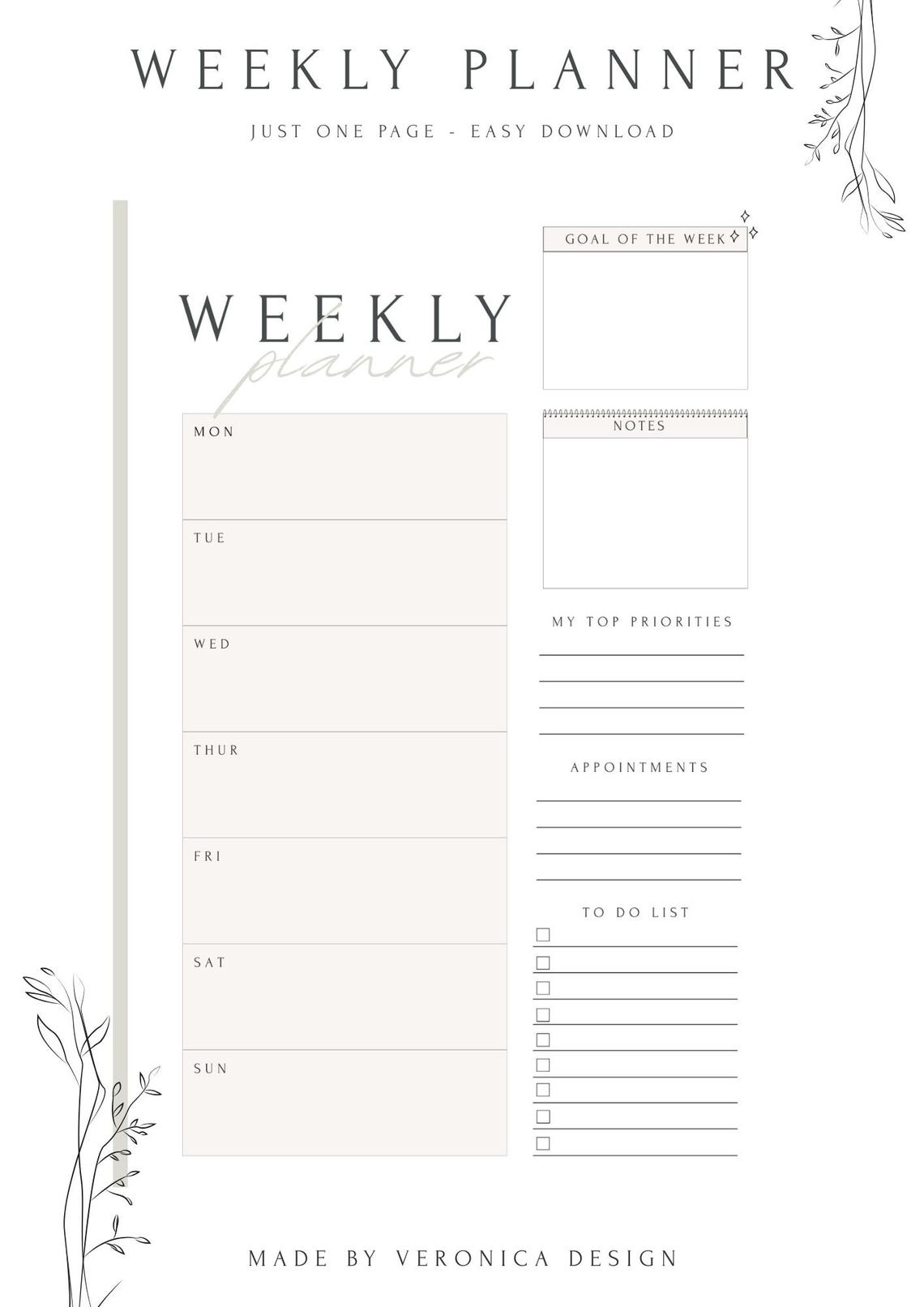 Minimalist Weekly Planner | Printable Digital Download | Organize Your ...
