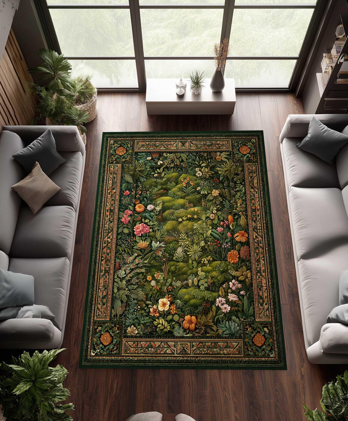 Cottagecore Botanical Rug, Wildflower Moss Carpet, Green Plant Area Rug ...