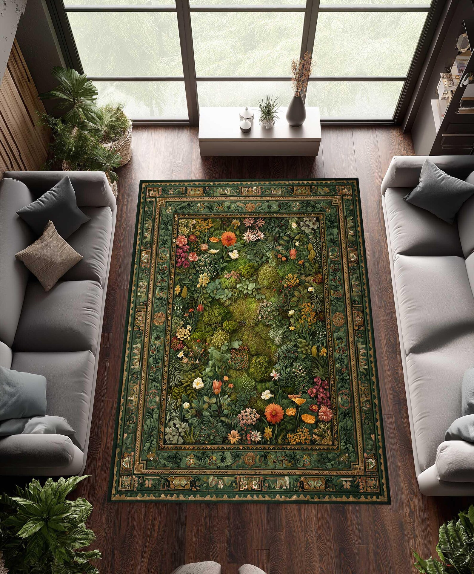 Botanical Moss Rug, Cottagecore Wildflower Rug, Green Nature Area ...