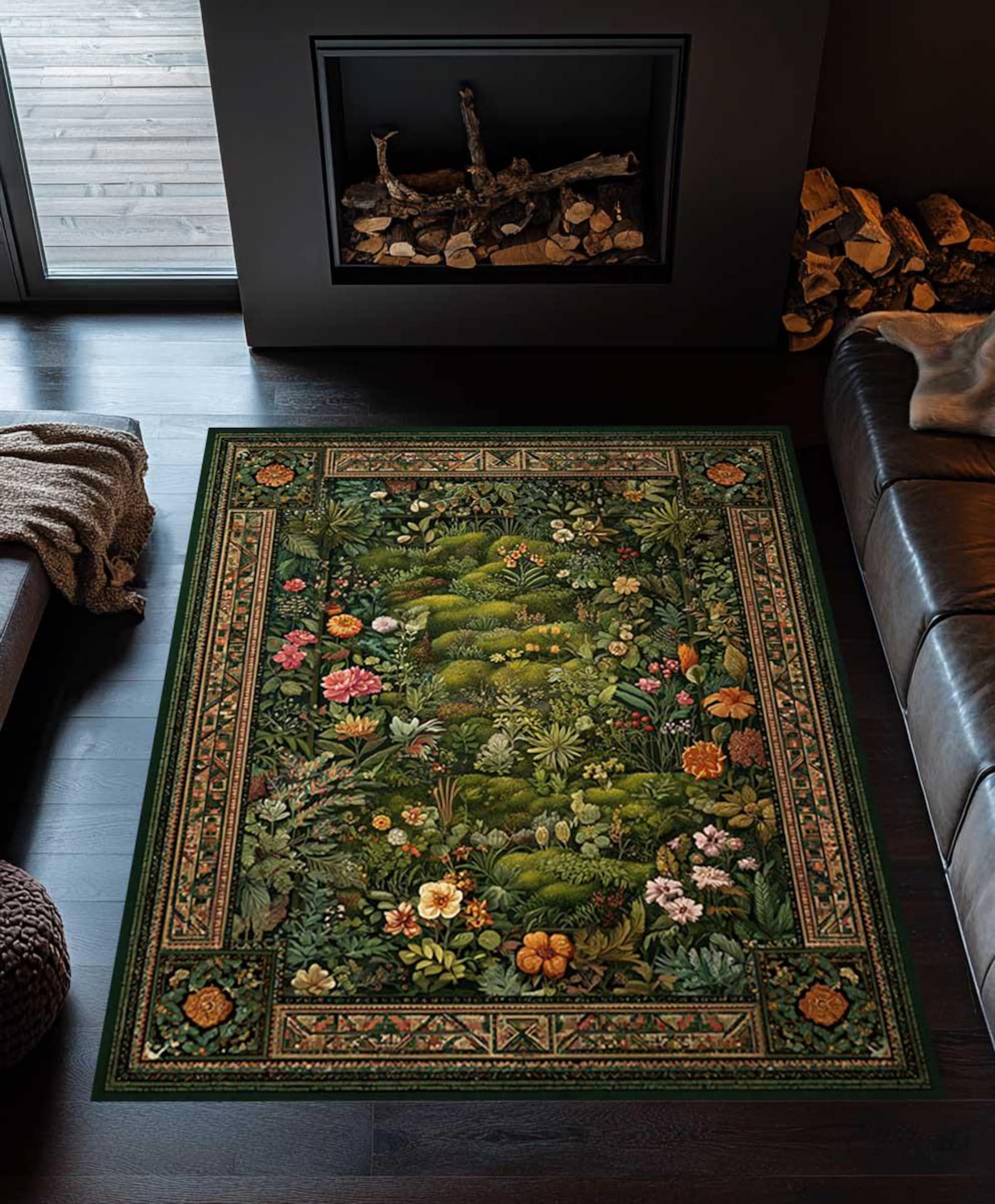 Cottagecore Botanical Rug, Wildflower Moss Carpet, Green Plant Area Rug ...
