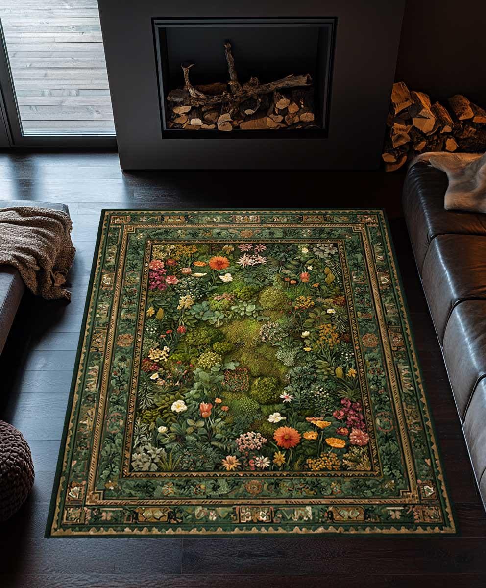 Botanical Moss Rug, Cottagecore Wildflower Rug, Green Nature Area ...