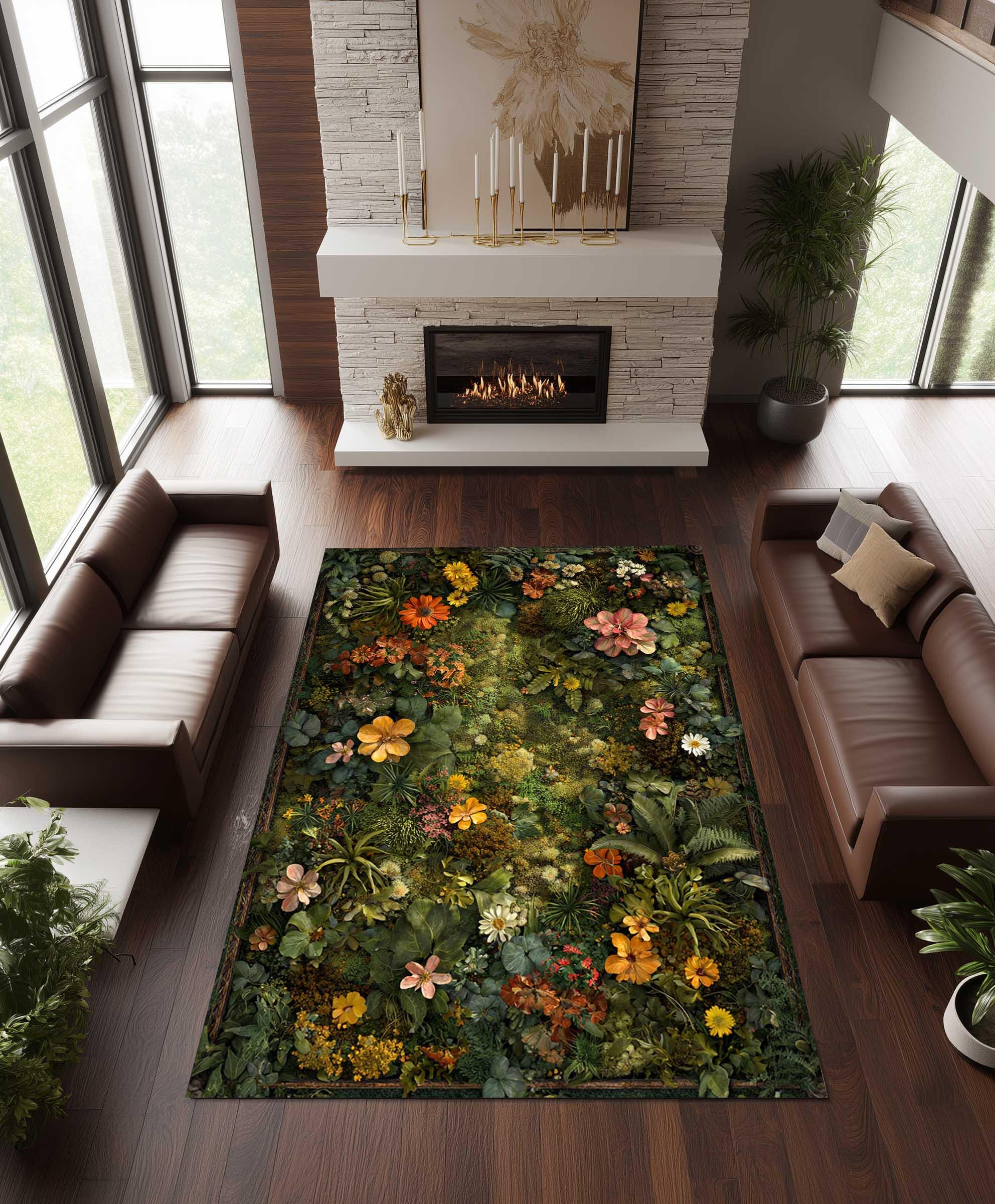 Wildflower Cottagecore Rug, Botanical Moss Area Carpet, Green Plant ...