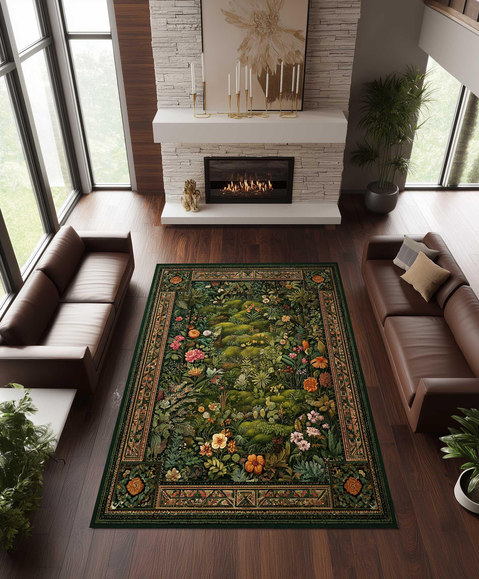 Cottagecore Botanical Rug, Wildflower Moss Carpet, Green Plant Area Rug ...