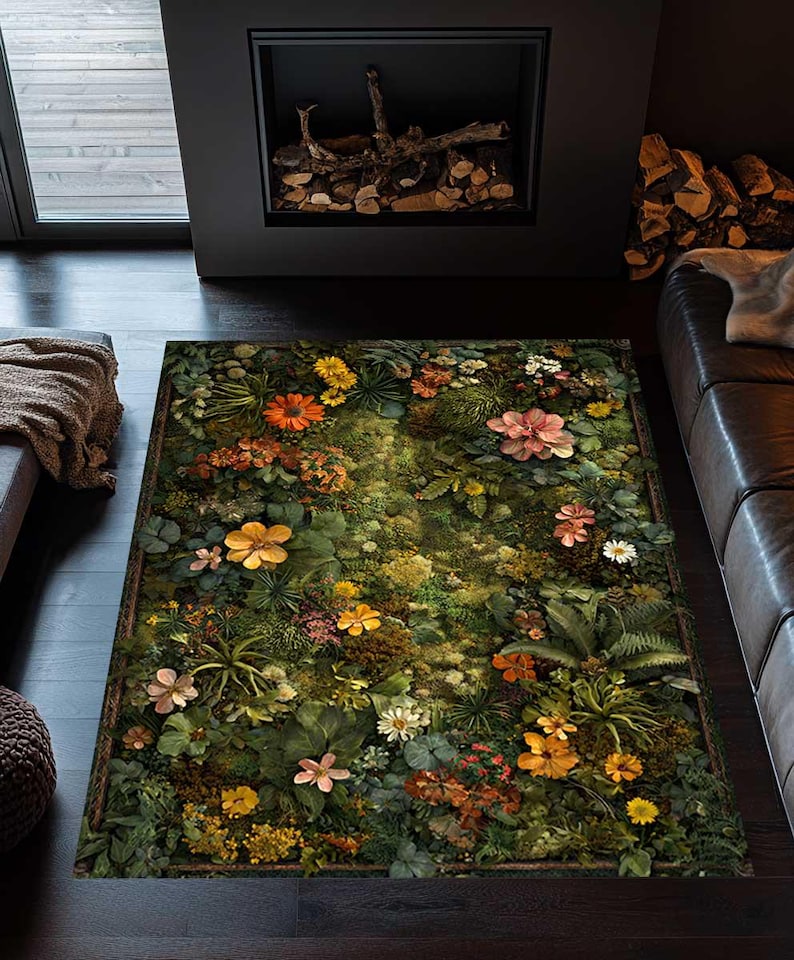 Wildflower Cottagecore Rug, Botanical Moss Area Carpet, Green Plant ...