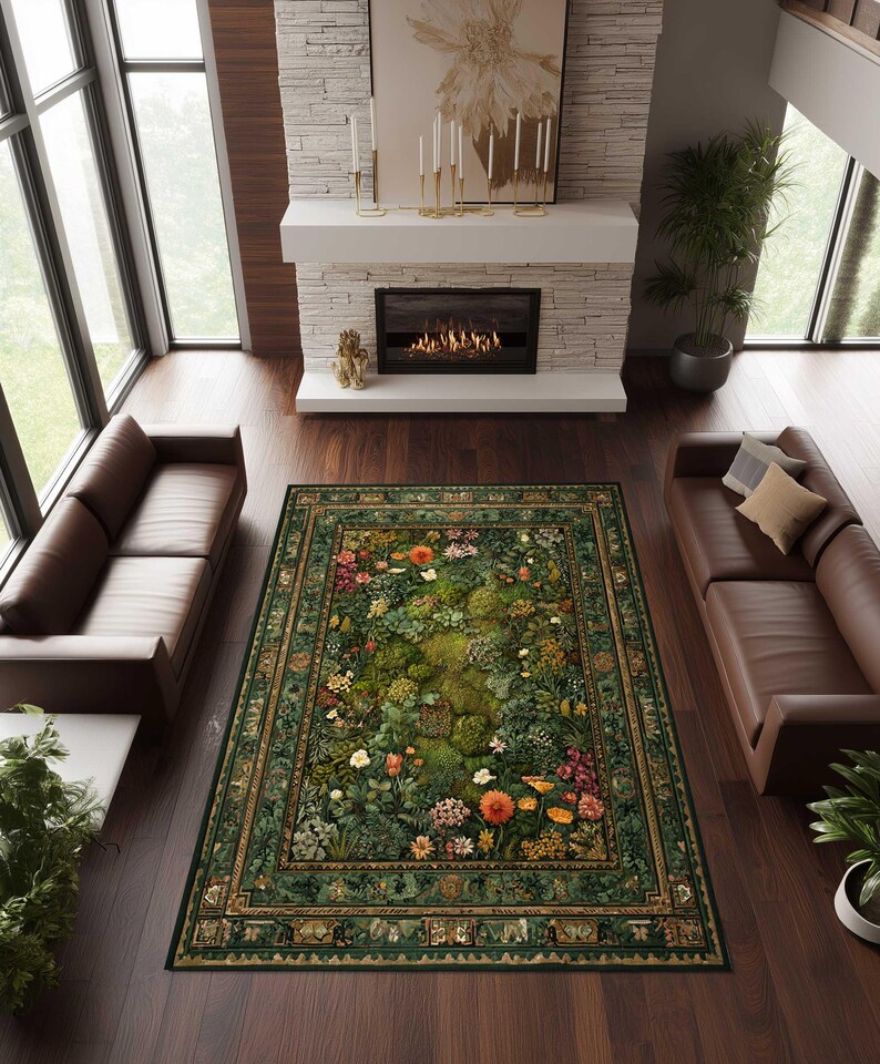 Botanical Moss Rug, Cottagecore Wildflower Rug, Green Nature Area ...