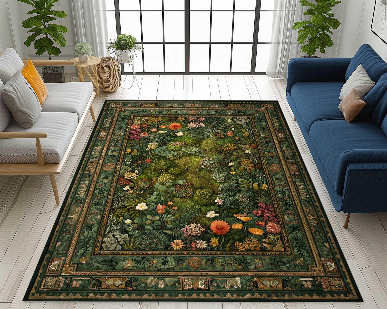 Botanical Moss Rug, Cottagecore Wildflower Rug, Green Nature Area ...