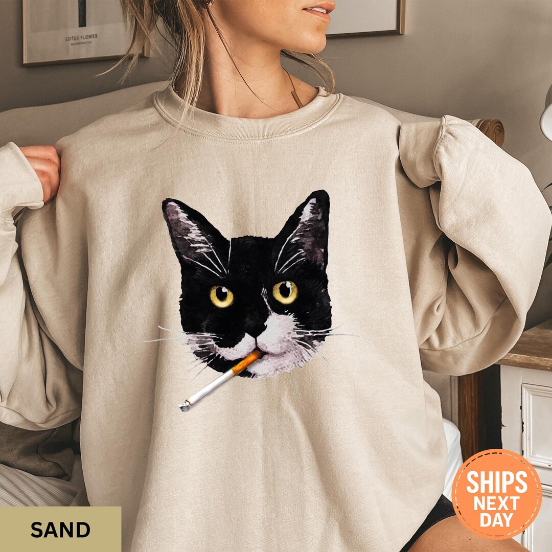 Smoking Cat Y2K Sweatshirt, Vintage Black Cat Sweater, Grunge Crewneck ...