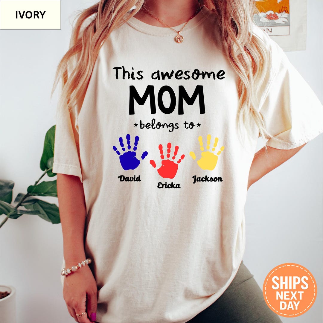 Awesome Mom Belongs to Tshirt, Custom Kids Name Handprint Tee - Etsy