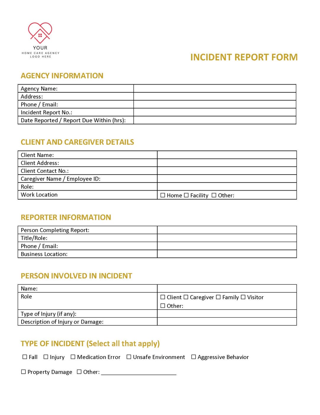 Home Care Incident Report Template: Editable Non-medical Form (word ...