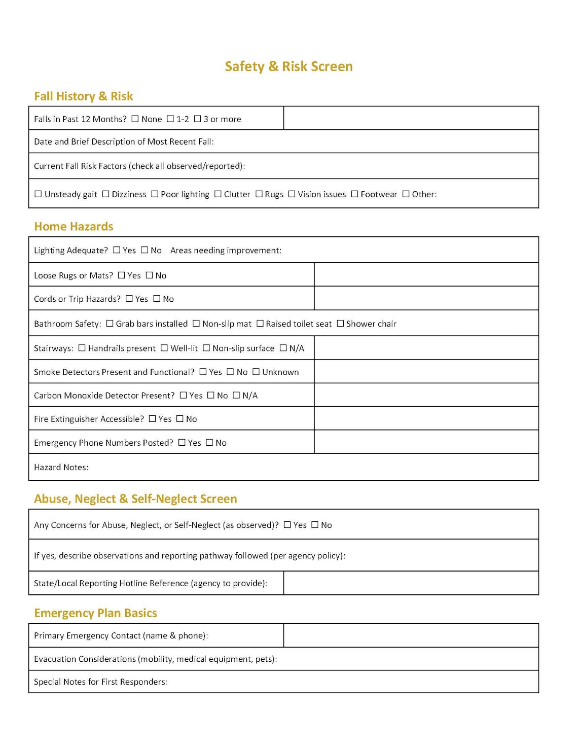 Home Care Assessment Form: Client Intake, Adls/iadls (US Letter DOCX ...