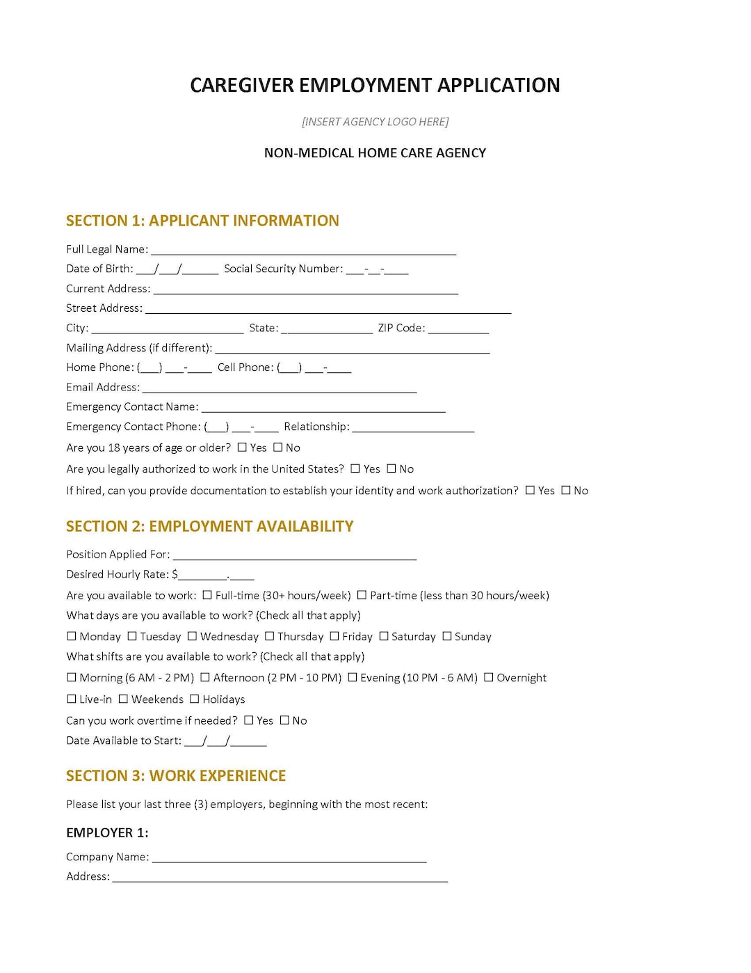 Printable Caregiver Application Form: Editable Home Care Hiring ...