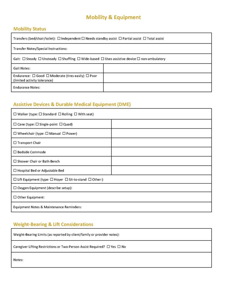 Home Care Assessment Form: Client Intake, Adls/iadls (US Letter DOCX ...