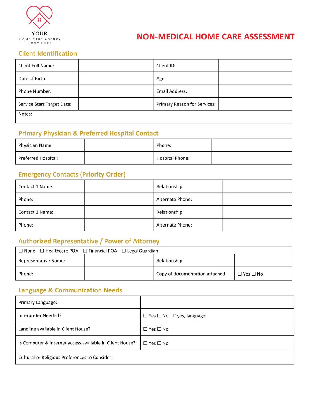 Home Care Assessment Form: Client Intake, Adls/iadls (US Letter DOCX ...