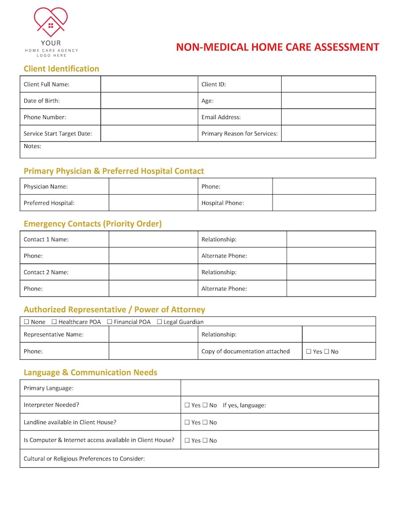 Home Care Assessment Form: Client Intake, Adls/iadls (US Letter DOCX ...