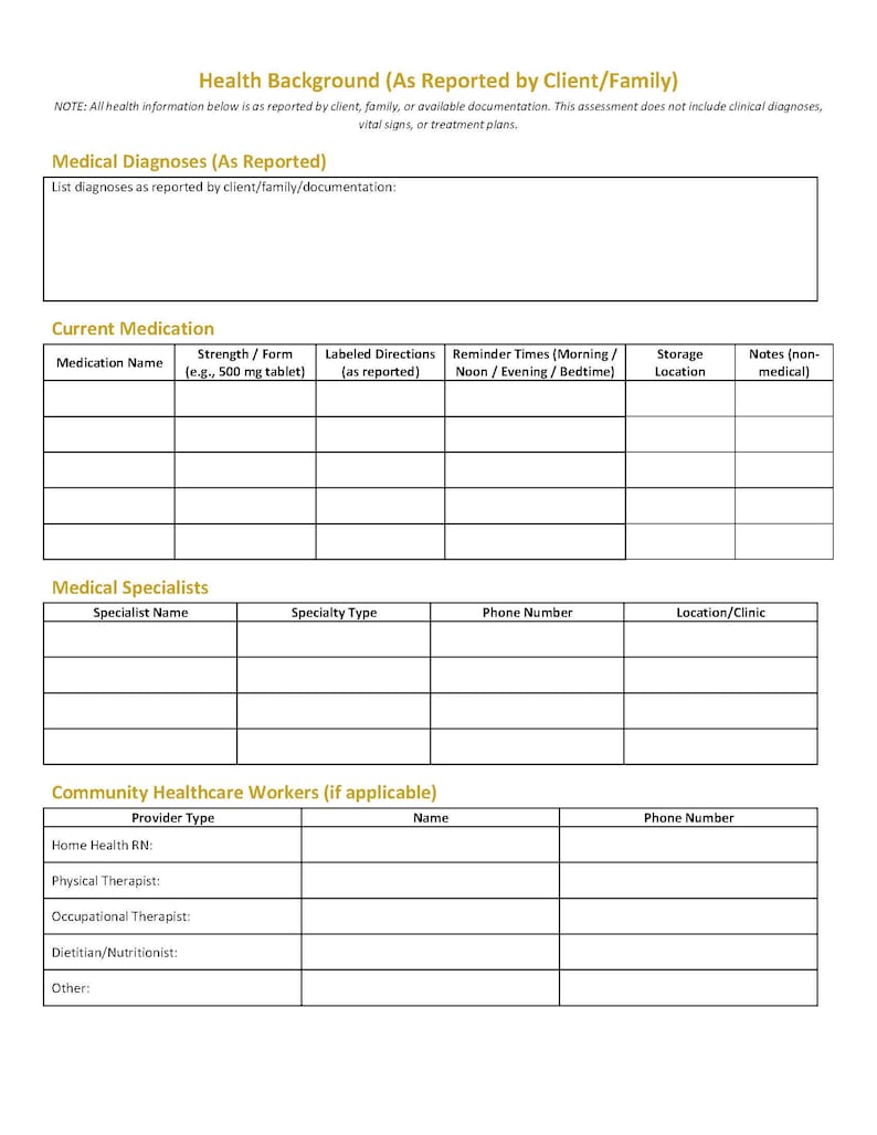 Home Care Assessment Form: Client Intake, Adls/iadls (US Letter DOCX ...