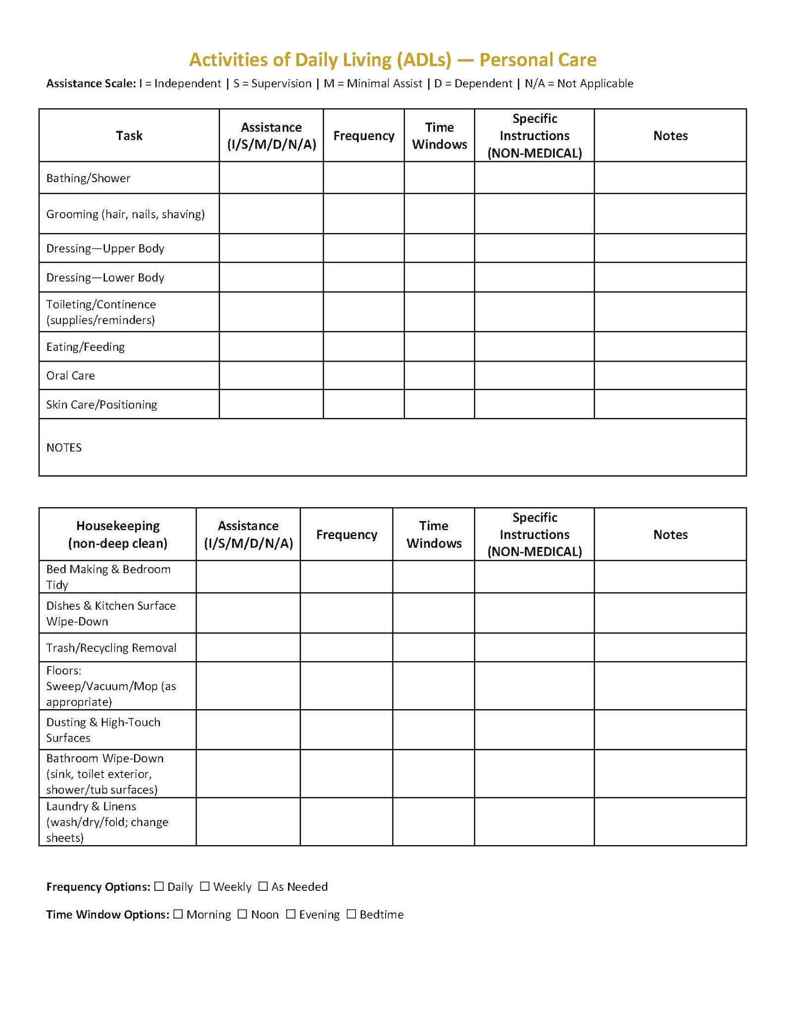Home Care Assessment Form: Client Intake, Adls/iadls (US Letter DOCX ...
