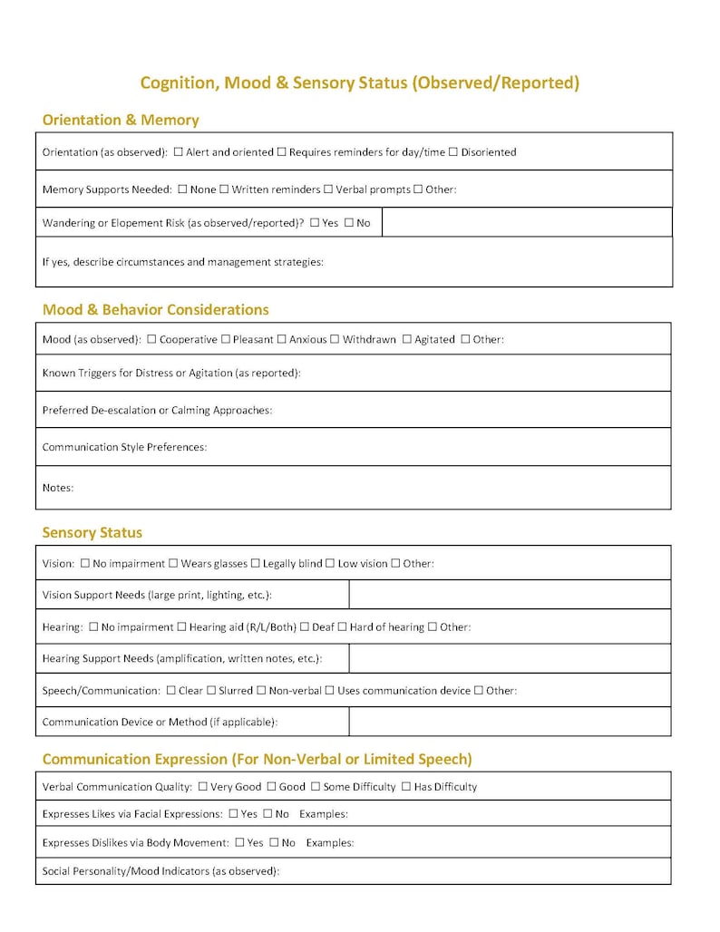 Home Care Assessment Form: Client Intake, Adls/iadls (US Letter DOCX ...