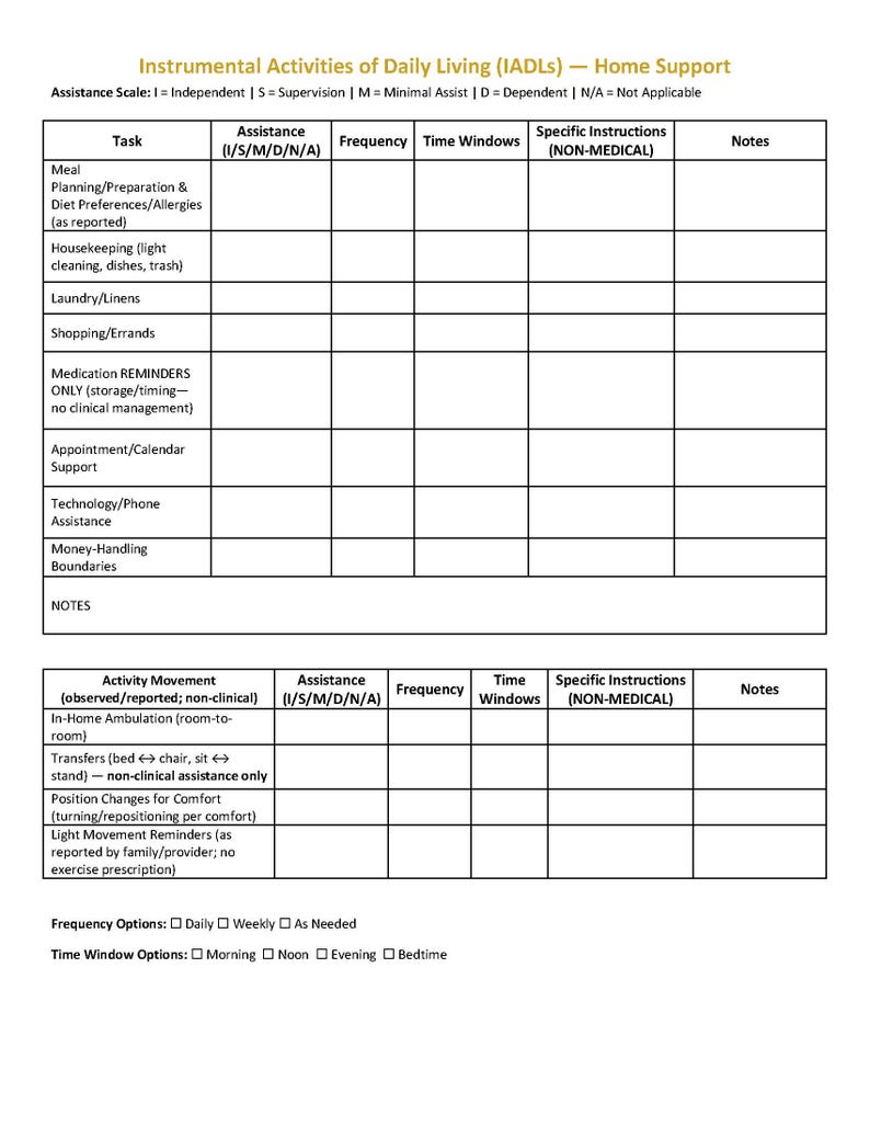 Home Care Assessment Form: Client Intake, Adls/iadls (US Letter DOCX ...