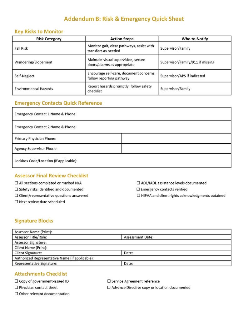 Home Care Assessment Form: Client Intake, Adls/iadls (US Letter DOCX ...