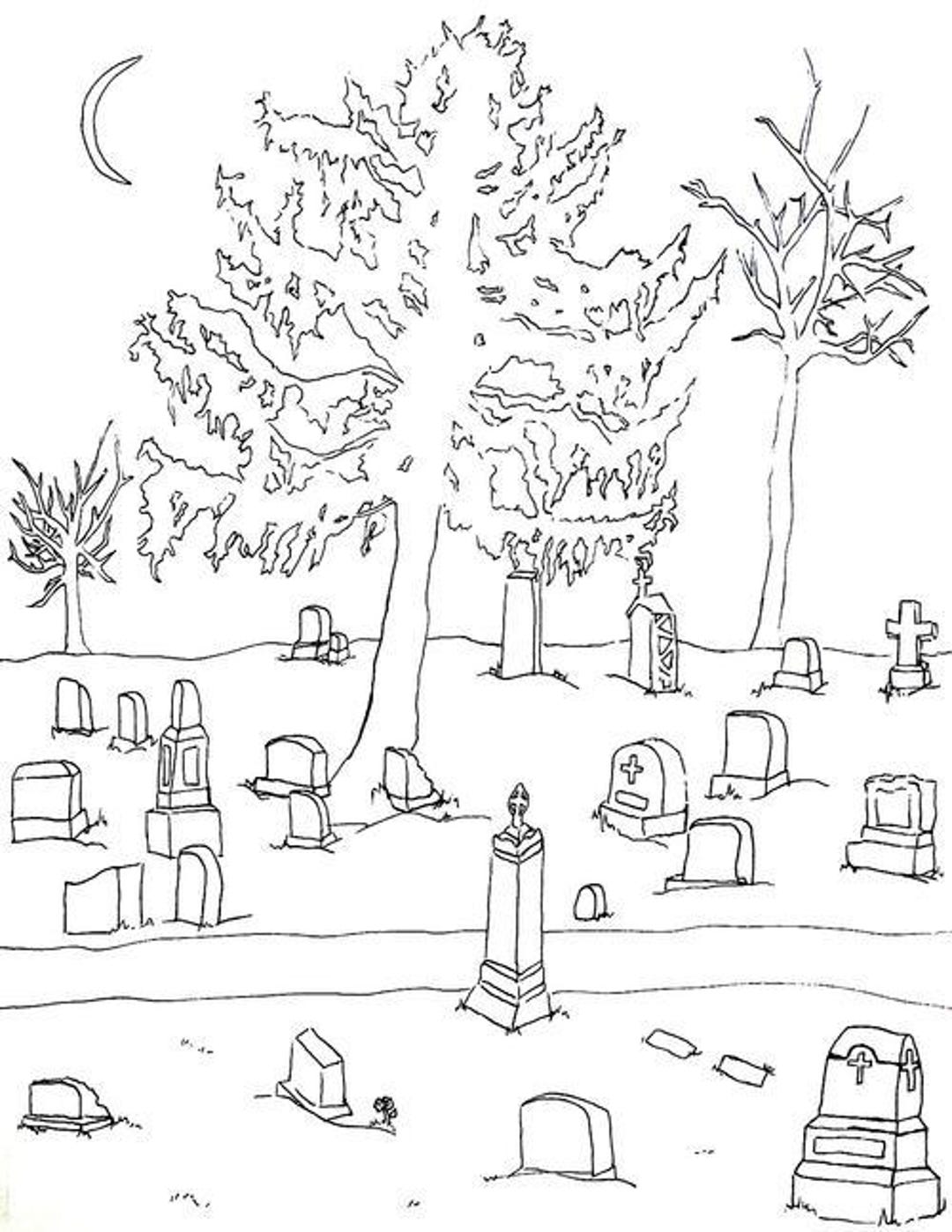 Cemetery Halloween Coloring Page | Spooky Printable PDF, Haunted ...