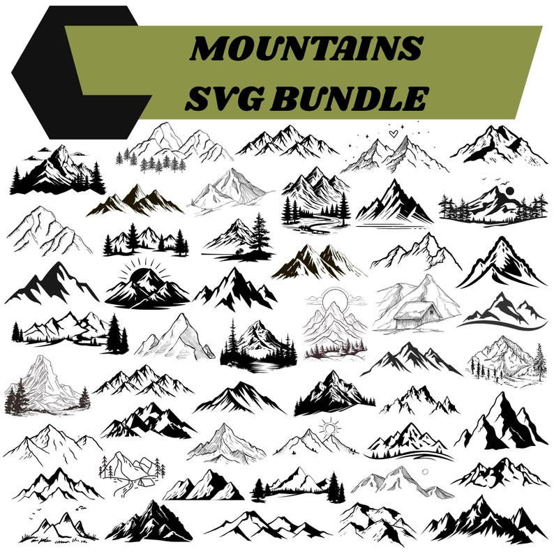 Bergen Svg-bundel: handgetekende, bos boom clipart, natuur landschap ...