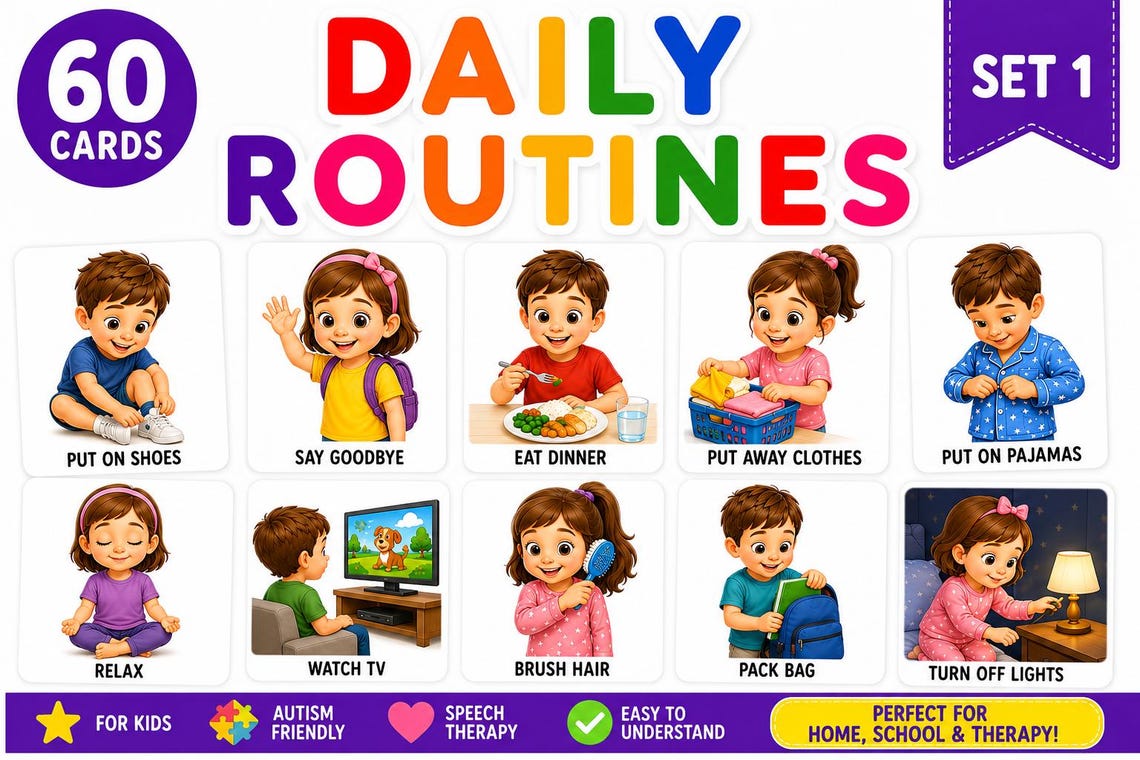 60 Daily Routine Flashcards Printable PDF for Kids | Autism Visual ...
