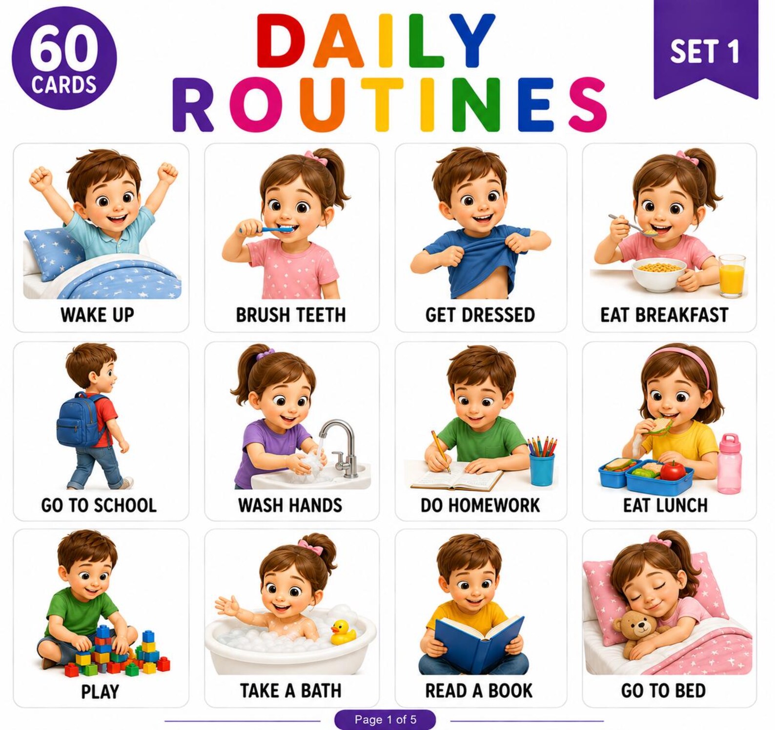 60 Daily Routine Flashcards Printable PDF for Kids | Autism Visual ...